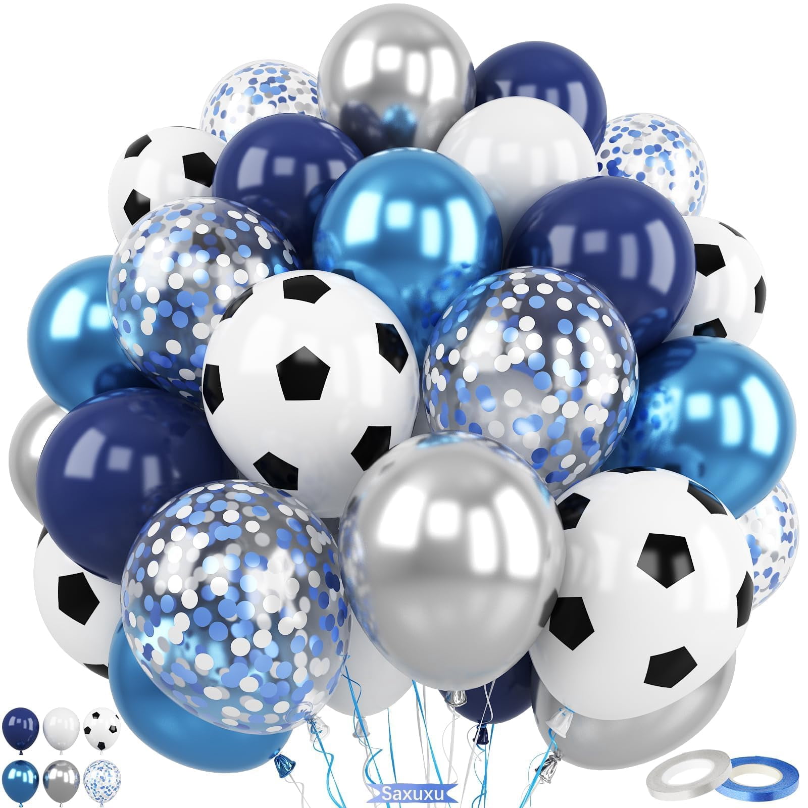 Soccer Balloons, 60Pcs 12 Inch Metallic Blue Silver White Confetti ...