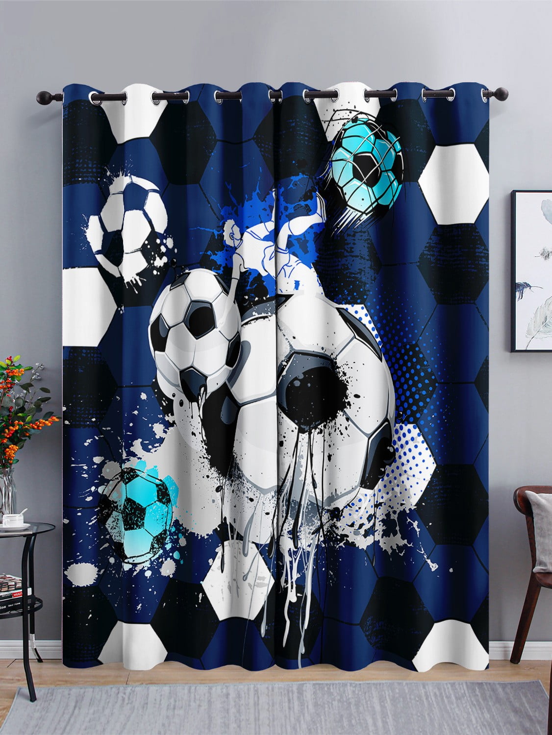 Soccer Balls Football Design Blue Curtains Window Treatment Drapes ...