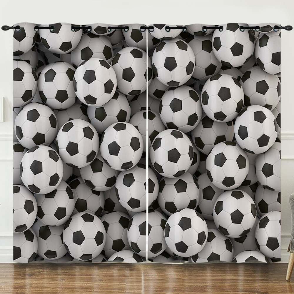 Soccer Balls Football Design Blue Curtains Window Treatment Drapes ...