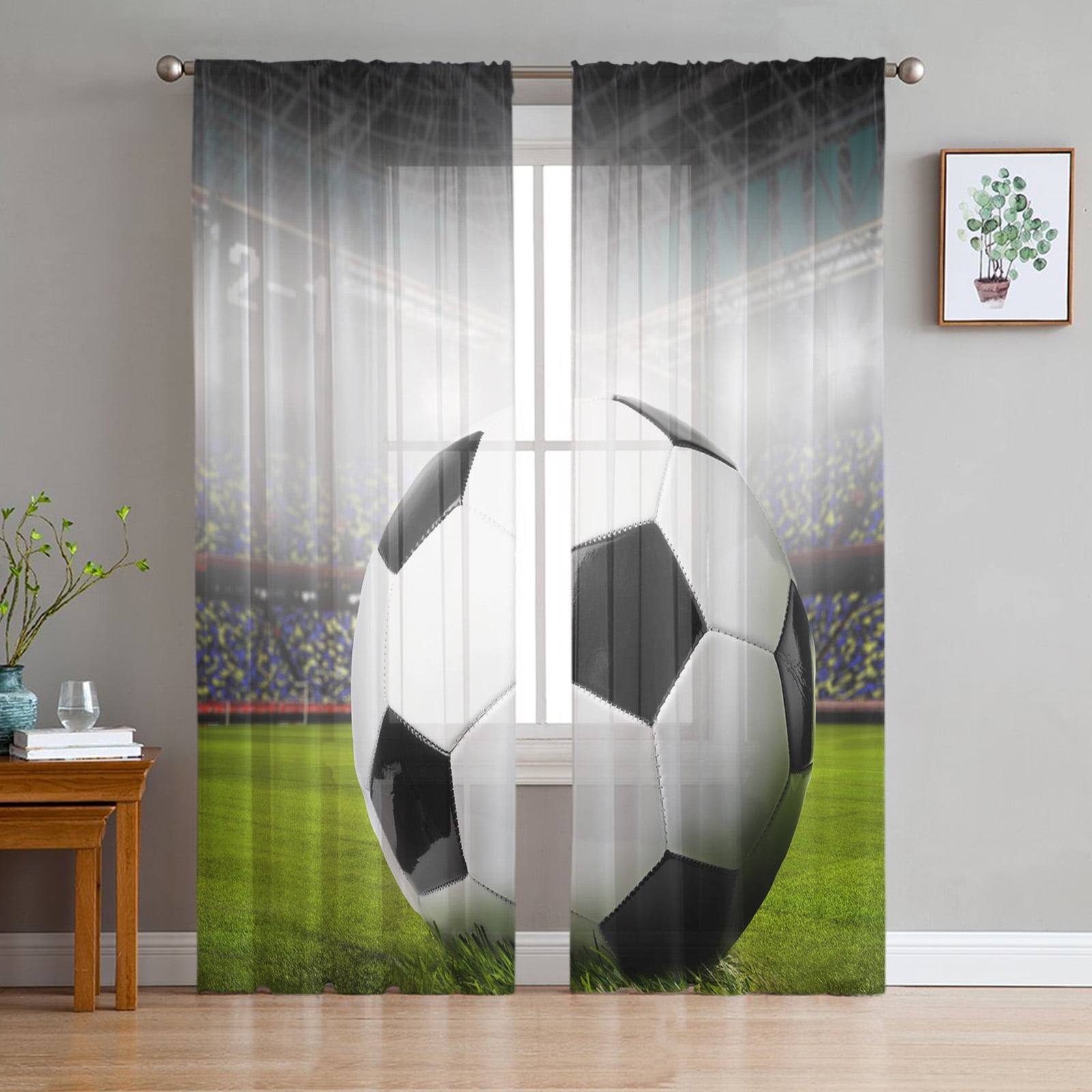 Soccer Balls Football Design Print Sheer Window Panel Curtains Room for Living Room Bedroom ...