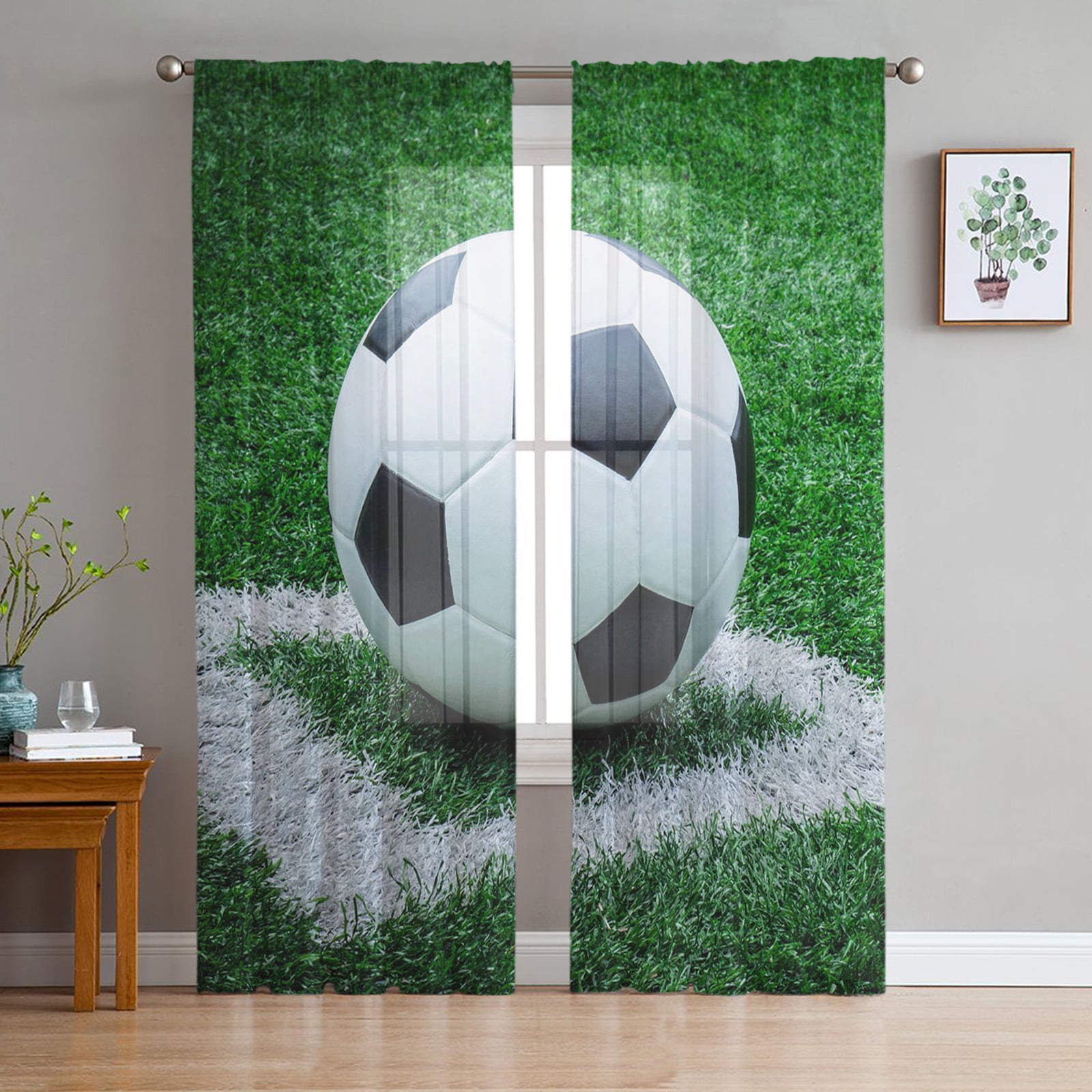 Soccer Balls Football Design Print Sheer Window Panel Curtains Room for ...