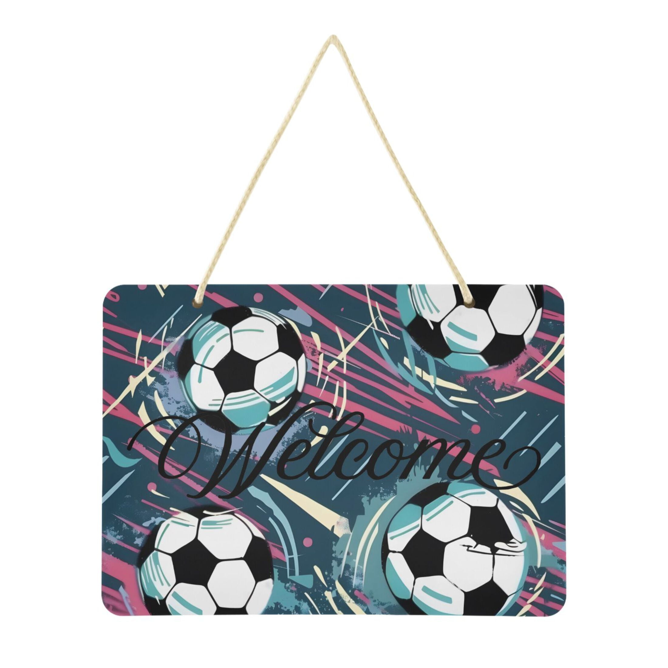 Soccer Balls Welcome Sign Front Door PVC 14x10 inch Hanger Hello Sign ...