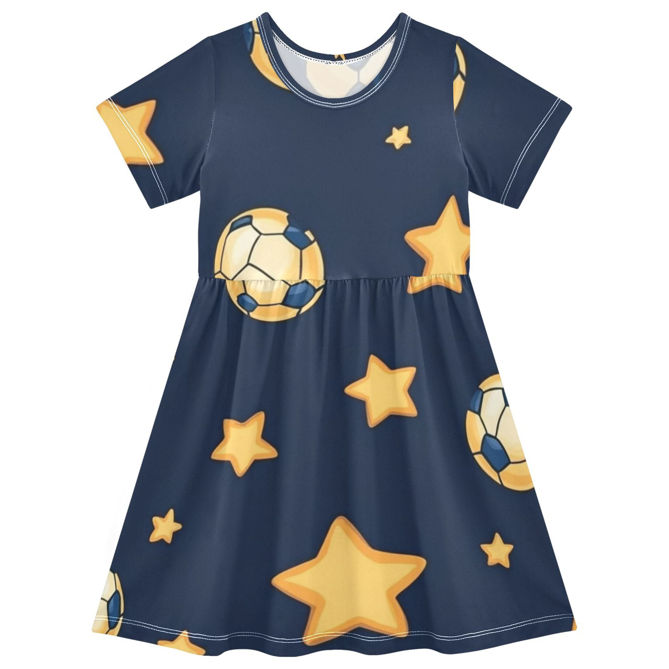 Soccer Balls with Stars Girls' Short Sleeve Dress A-Line One-Piece ...