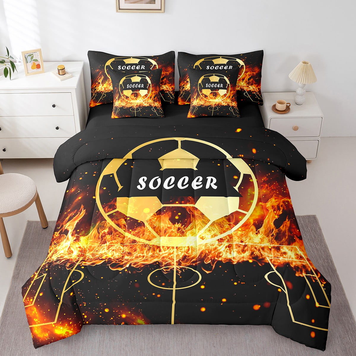 Soccer Bed in a Bag Full Size Sports Bedding Sets Football Fire Print ...