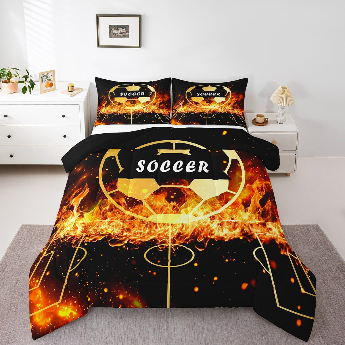 Soccer Comforter Set Twin Size Sports Bedding Sets Football Fire Print ...