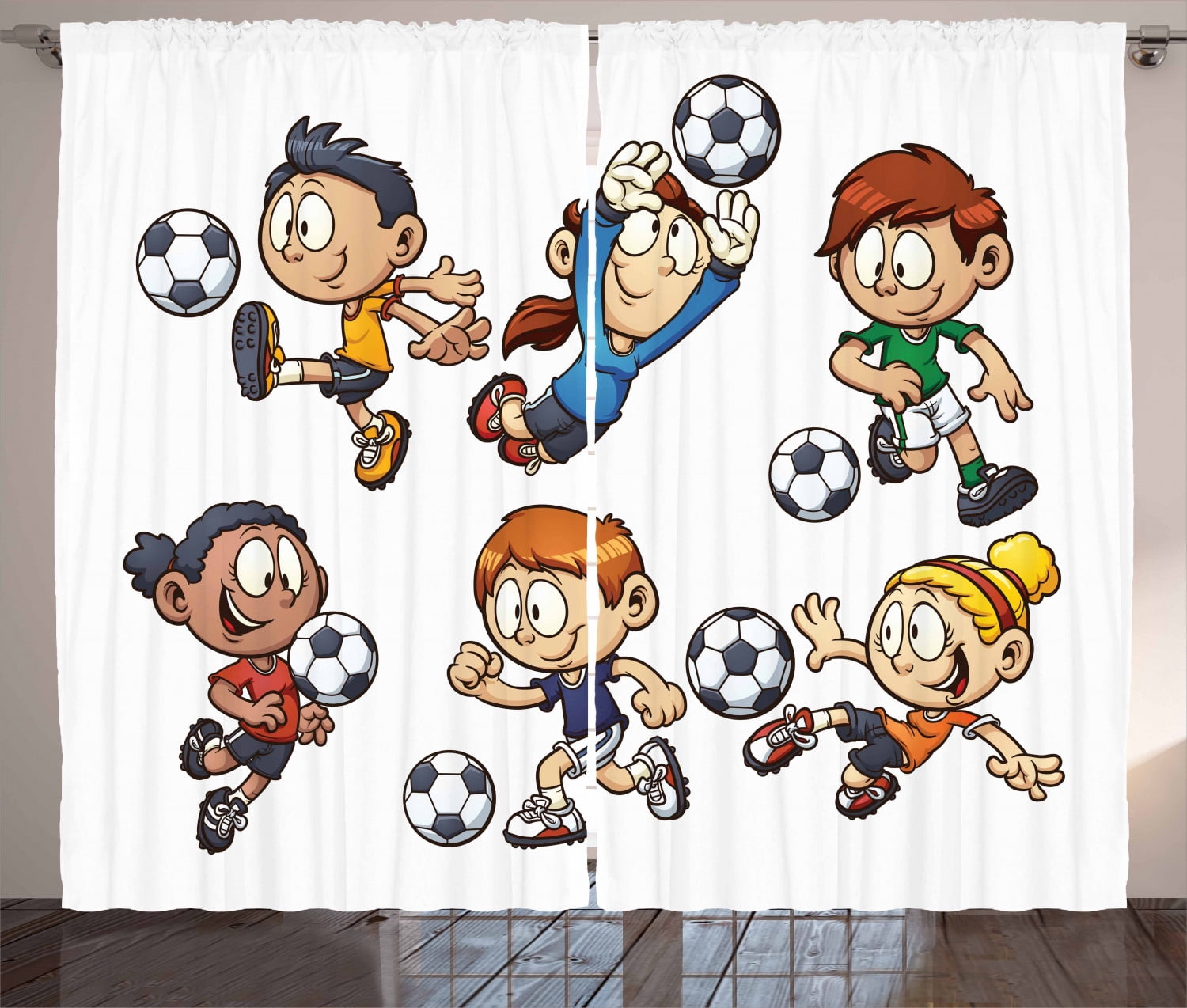 Ambesonne Soccer Curtains 2 Panel Set, Cartoon Playing, 108" x 96 ...