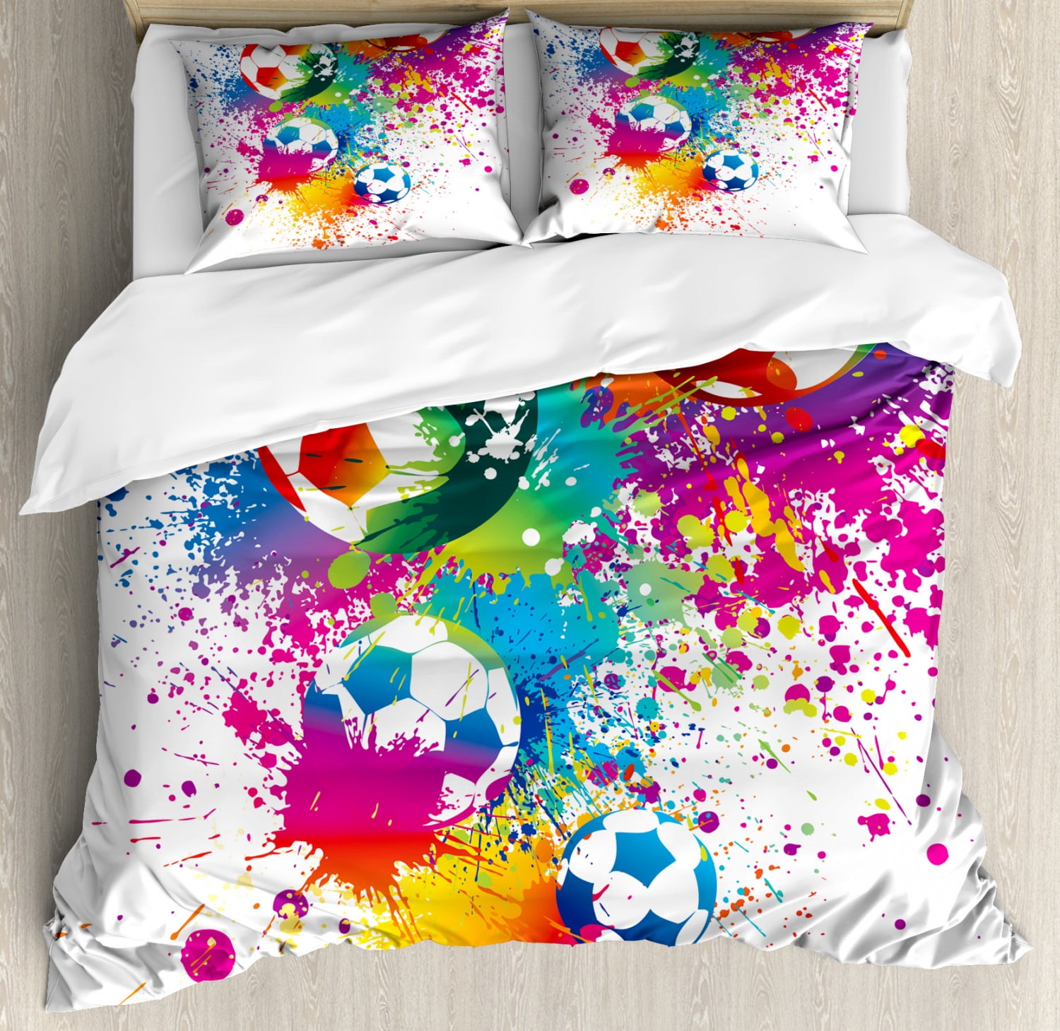 Soccer Duvet Cover Set Queen Size, Colored Splashes All over Soccer ...
