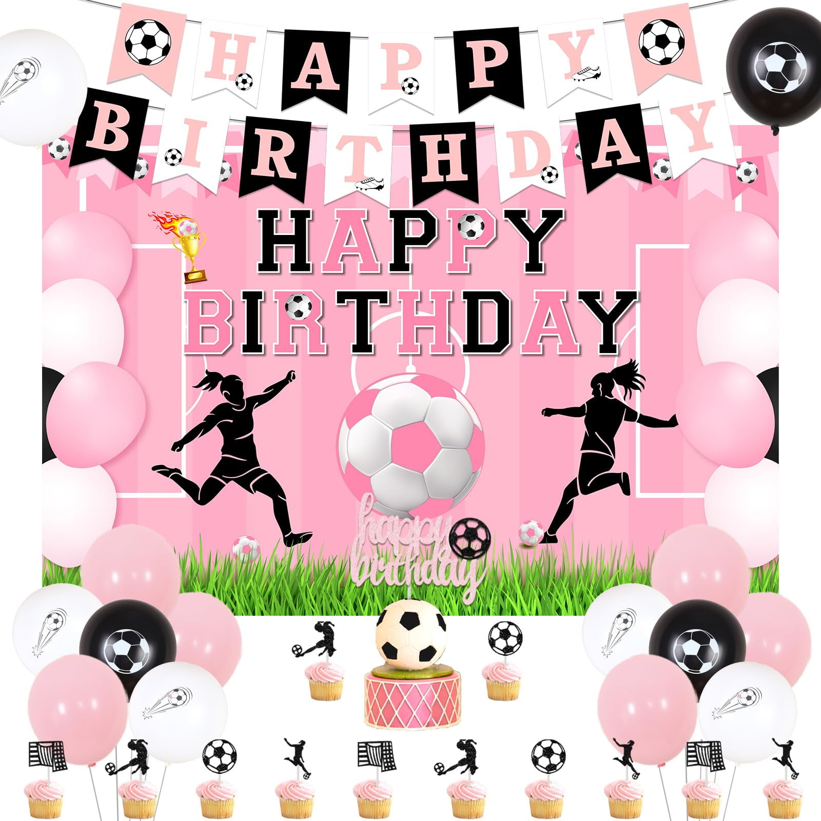 Soccer Happy Birthday Decorations for Girls, KKS1 Black and Pink ...