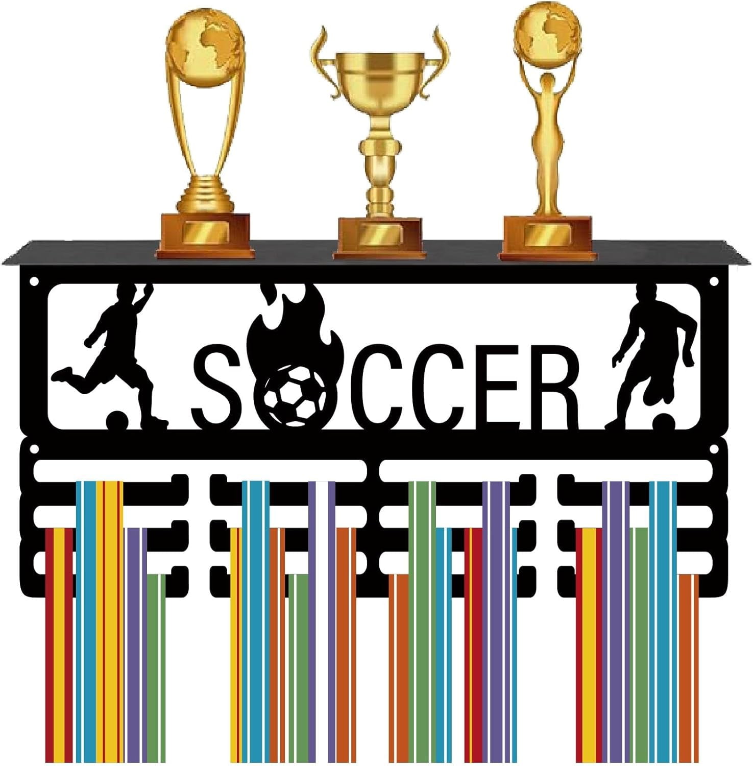 Soccer Medal Hanger with Trophy Shelf Upgraded Sports Football Medal Holder Display Shelf Ribbon ...
