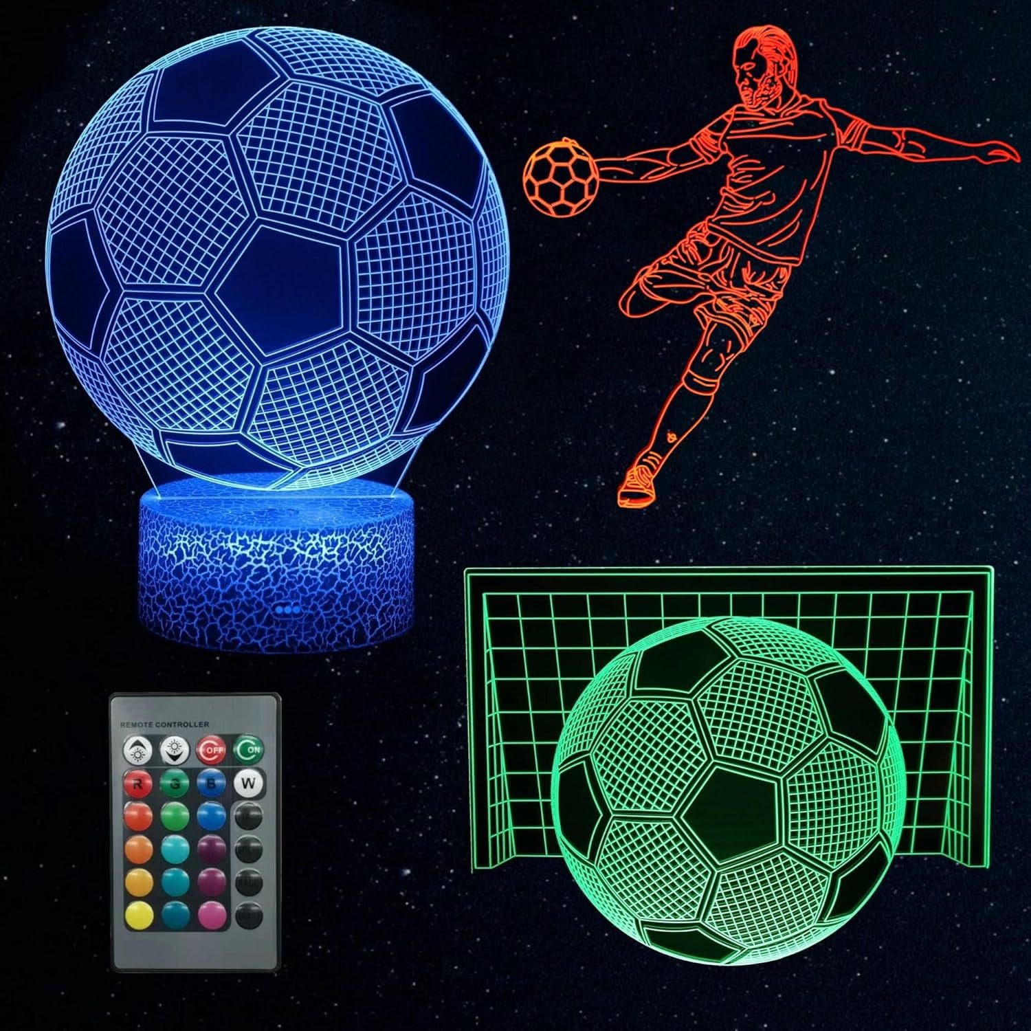 Soccer Night Light for Boy Girl Kids Bedroom, 3D Illusion Lamp, 3 ...