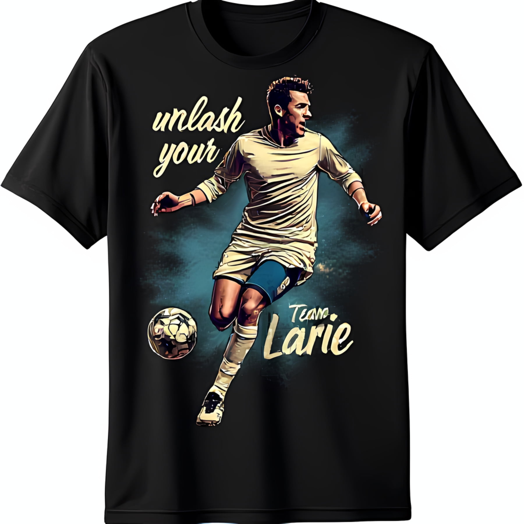 Soccer Player Mid Kick Black T-Shirt Unlash Your Team Larie Design ...