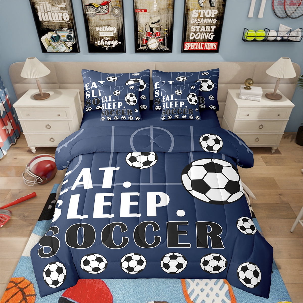 Soccer Queen Comforter Set with Sheets Sports Bedding Sets Football Bed ...