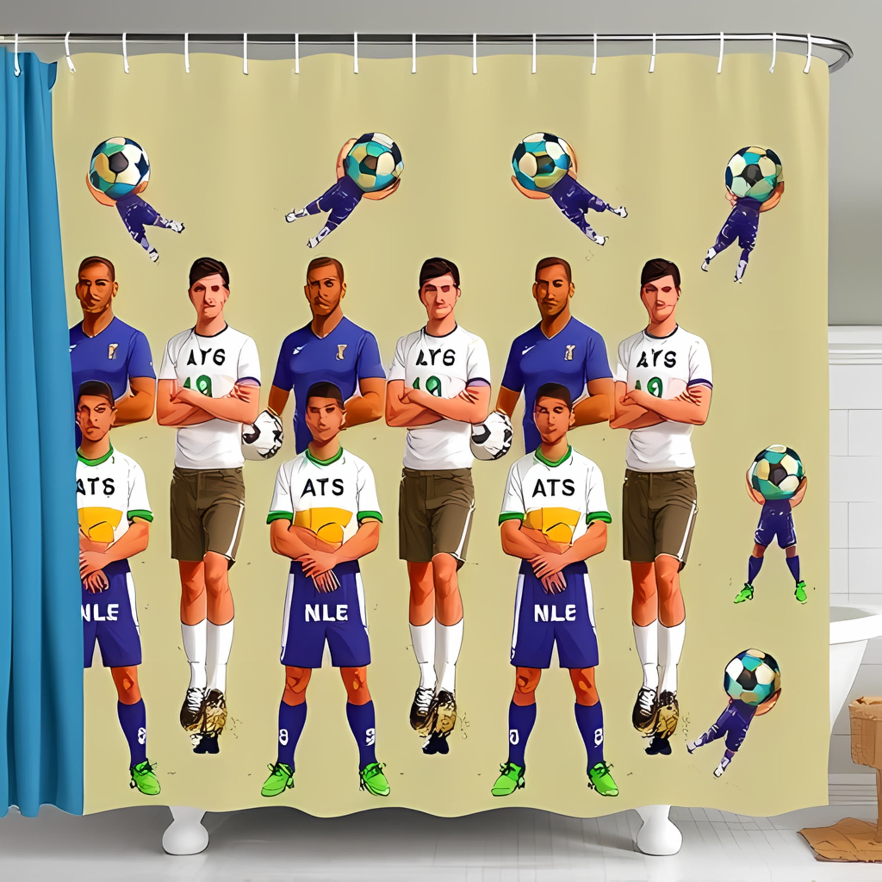 Soccer Scene Shower Curtain - Vibrant Players in ATS AYG NLE Uniforms Pastel Yellow Background ...