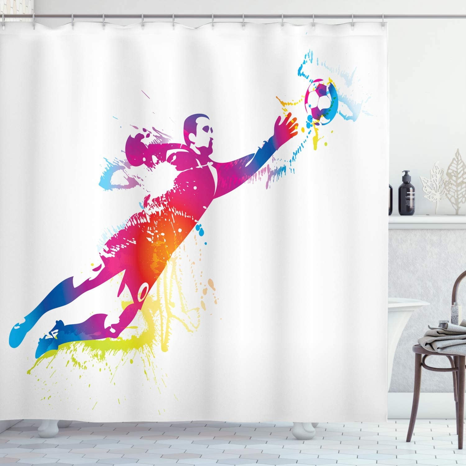 Soccer Shower Curtain, Goalkeeper Catches The Ball Goal Star Training ...