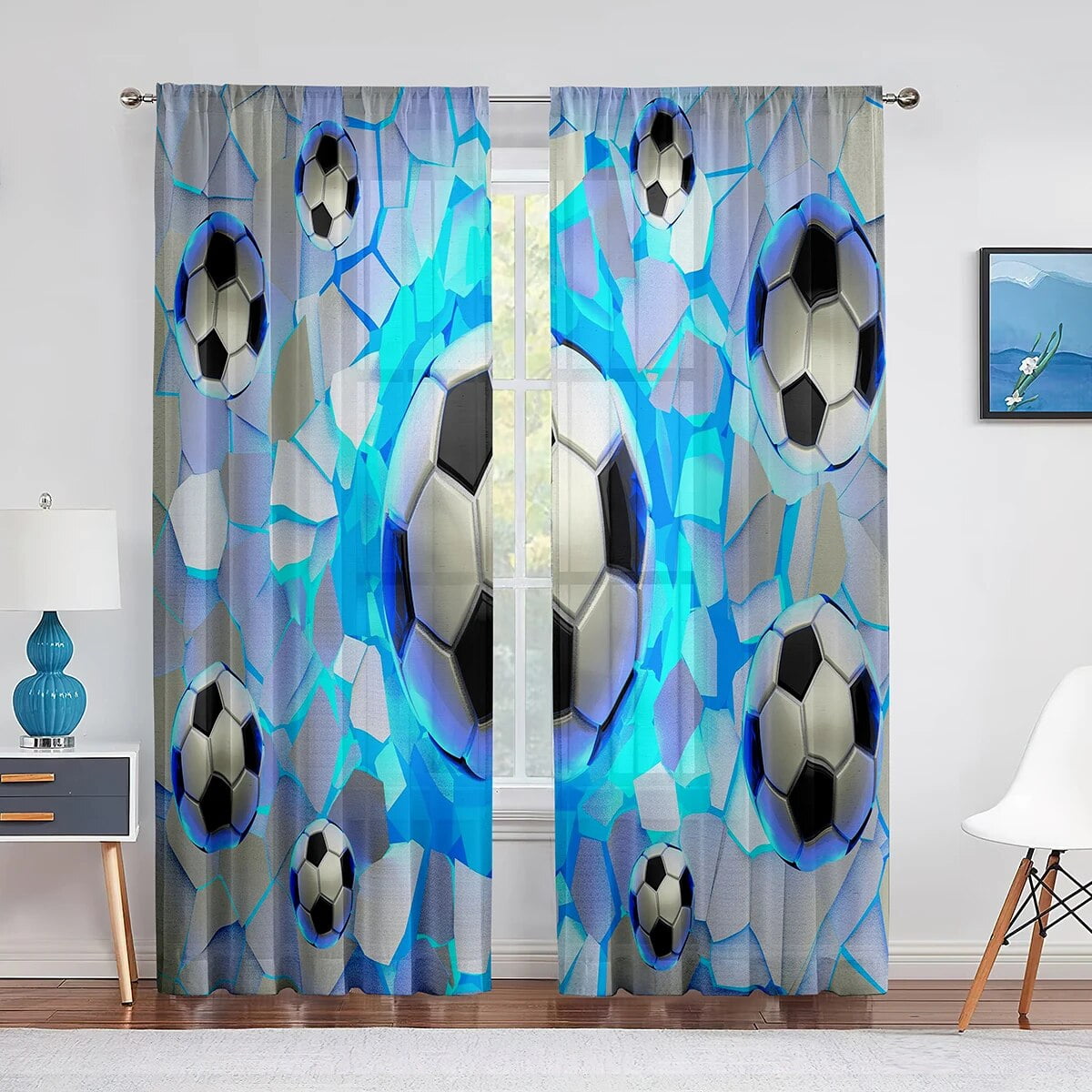 Soccer Spherical Football Ball Colorful Art Sheer Curtain for Living ...