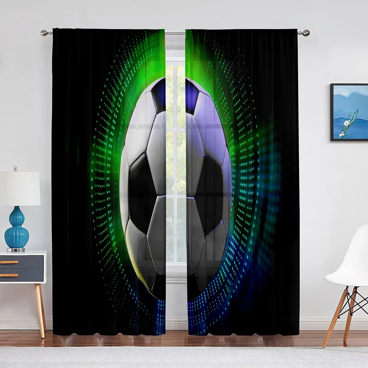 Soccer Spherical Football Ball Colorful Art Sheer Curtain for Living ...