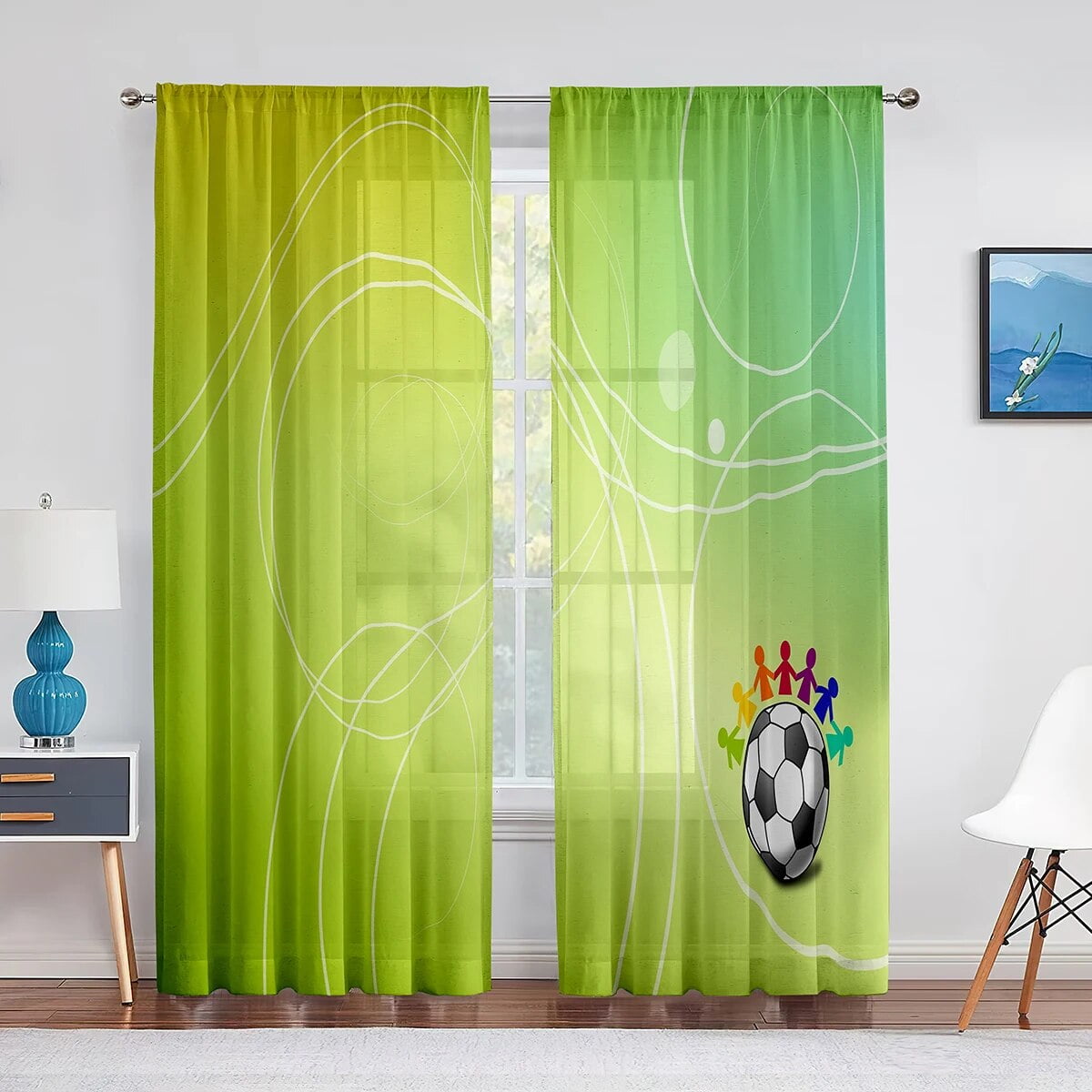 Soccer Spherical Football Ball Colorful Art Sheer Curtain for Living ...