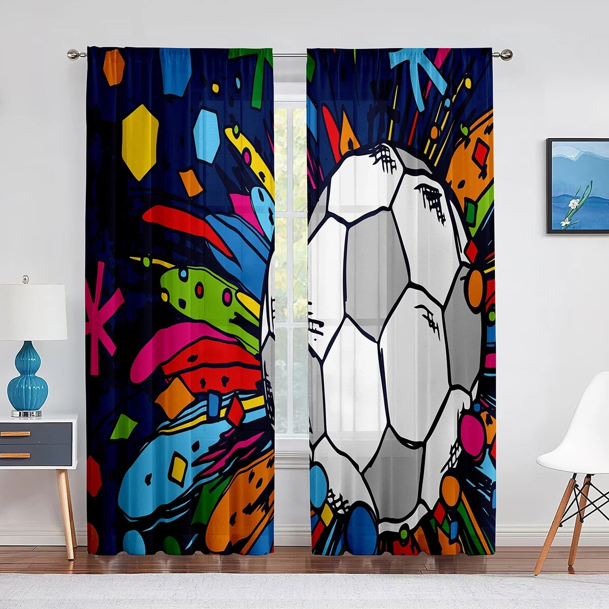 Soccer Spherical Football Ball Colorful Art Sheer Curtain for Living ...