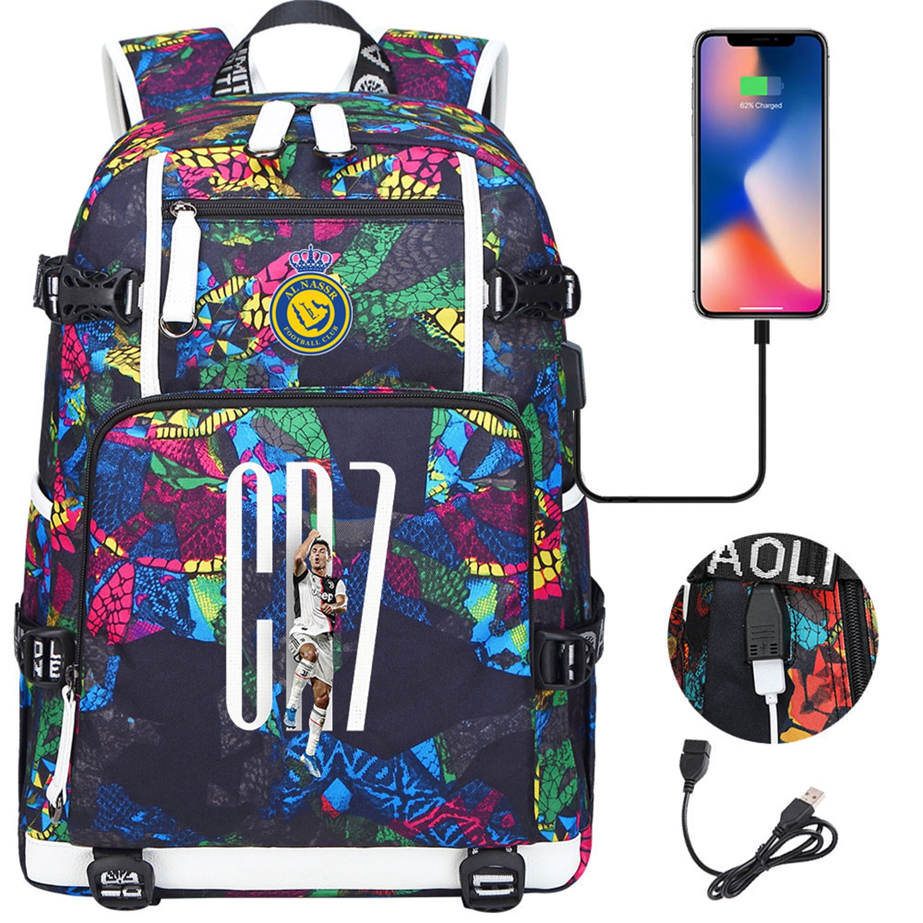 Soccer Star Cristiano Ronaldo Backpack with USB Charge Port-Back to ...