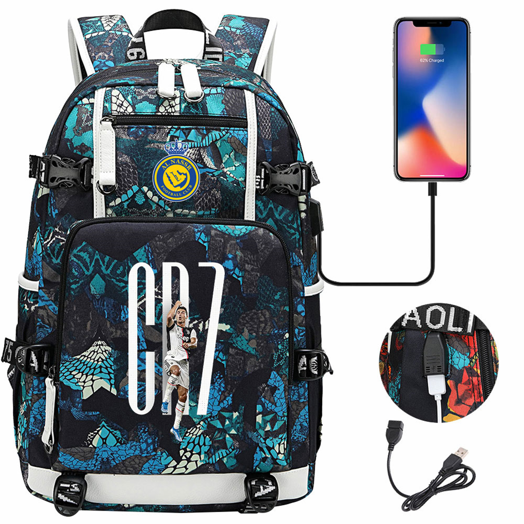 Soccer Star Cristiano Ronaldo Backpack with USB Charge Port-Back to ...