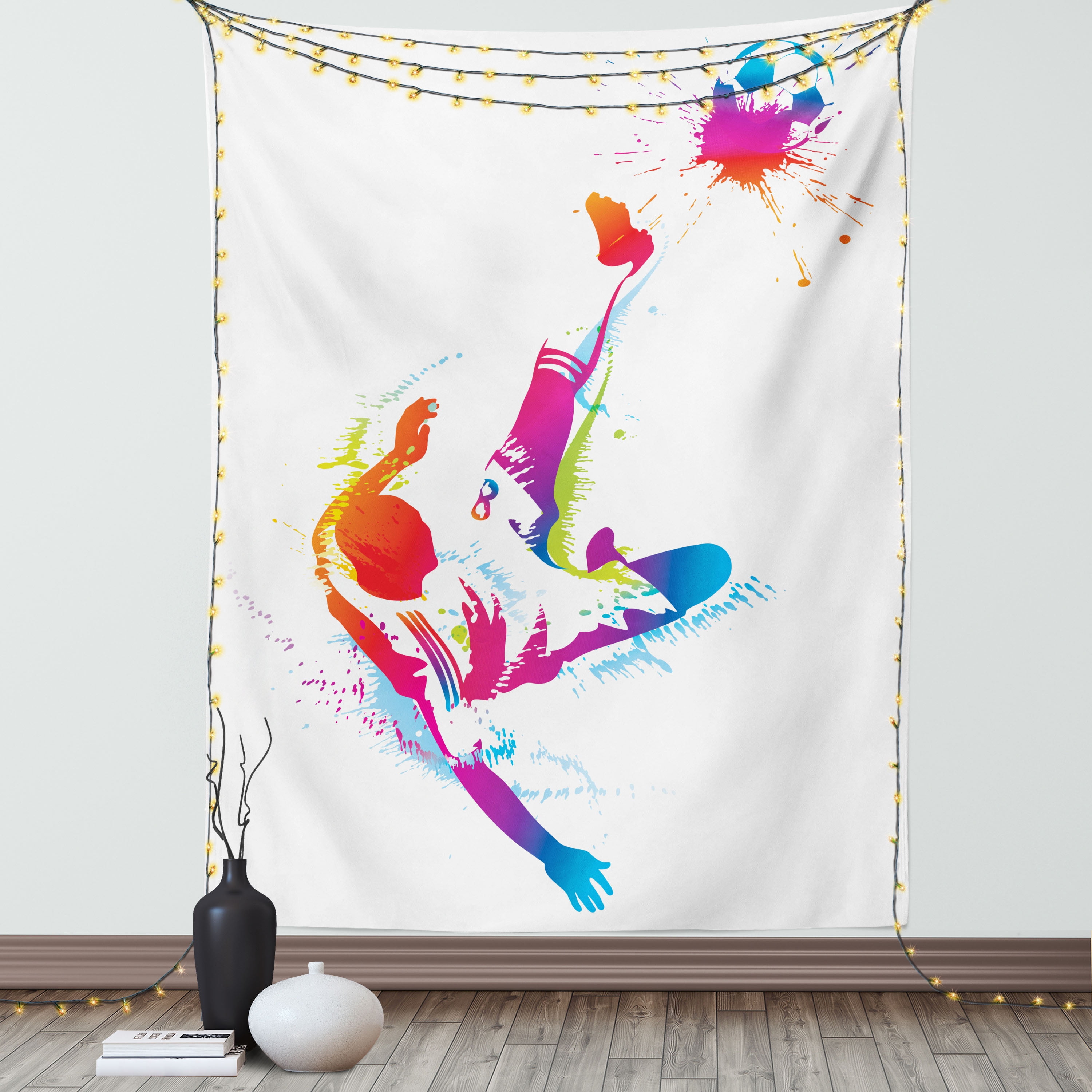 Soccer Tapestry, Soccer Man Kicks the Ball in the Air Watercolors ...