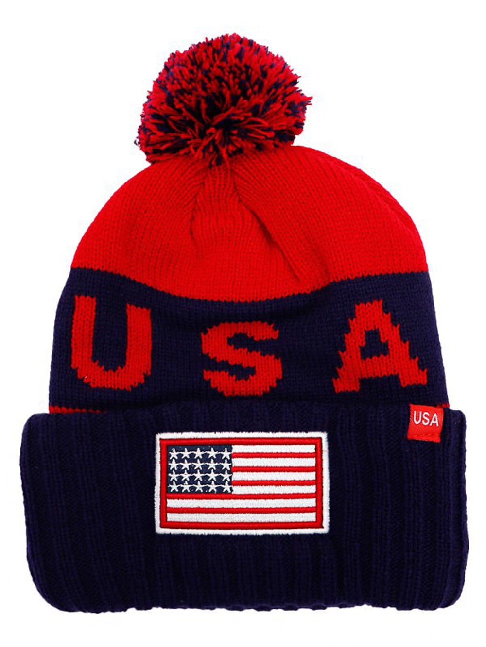Soccer Team/Country Beanies w/Pom Pom, Cuff 12 inch - USA / Red Navy ...