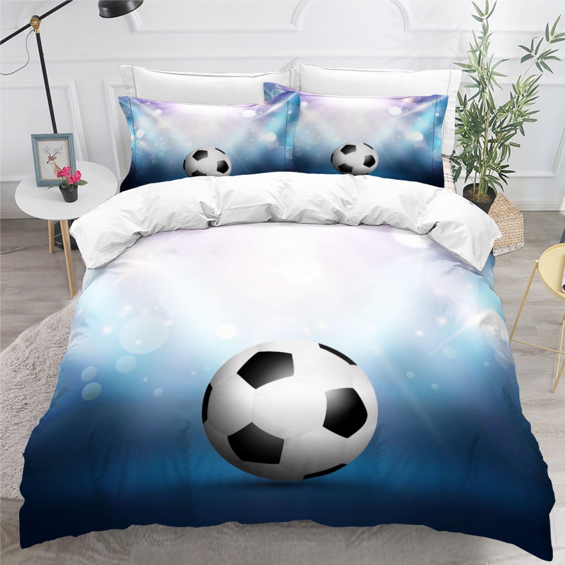 SoccerThemed Bedding Set Deep Blue Background with White Soccer Ball ...