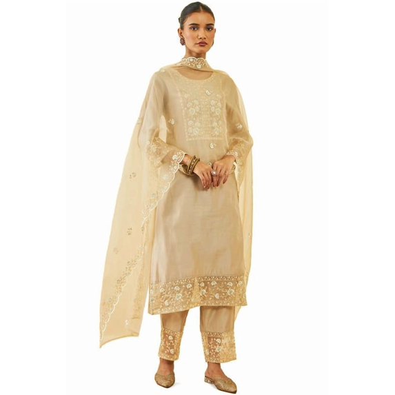 Soch Womens Beige Chanderi Floral Embroidered Straight Suit Set With ...