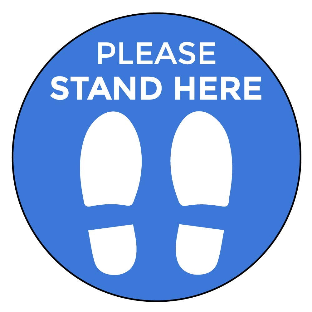 Social Distancing Floor Decals - Blue Stand Here Design - 12" Circle ...