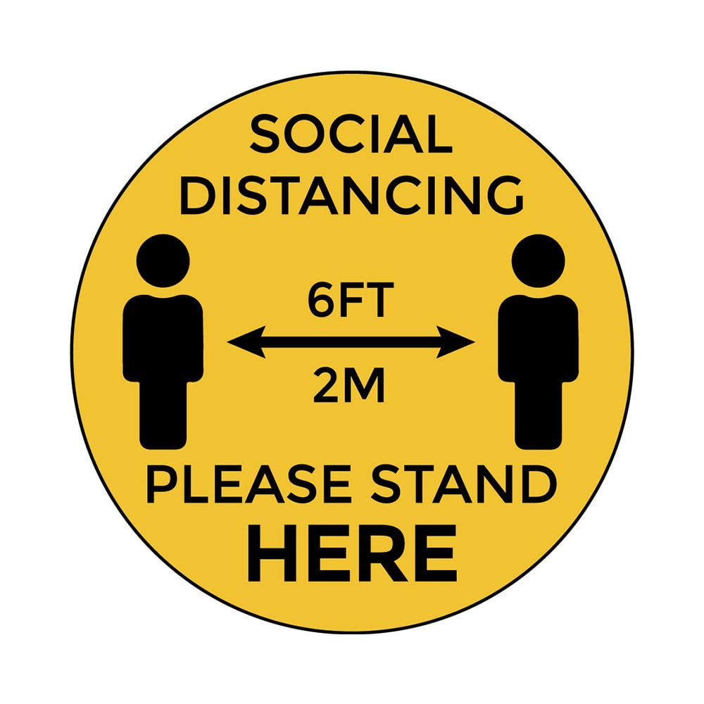Social Distancing Floor Decals - Yellow Stand Here Design - 12" Circle ...