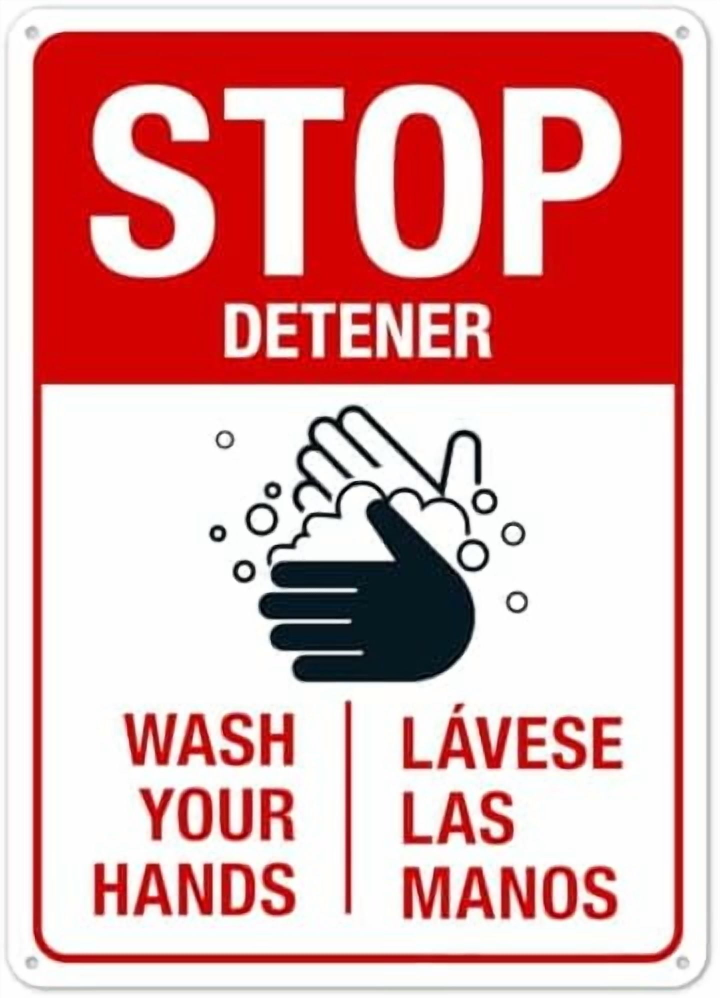 Social Distancing Sign, Stop Wash Your Hands Sign, Bilingual Safety ...