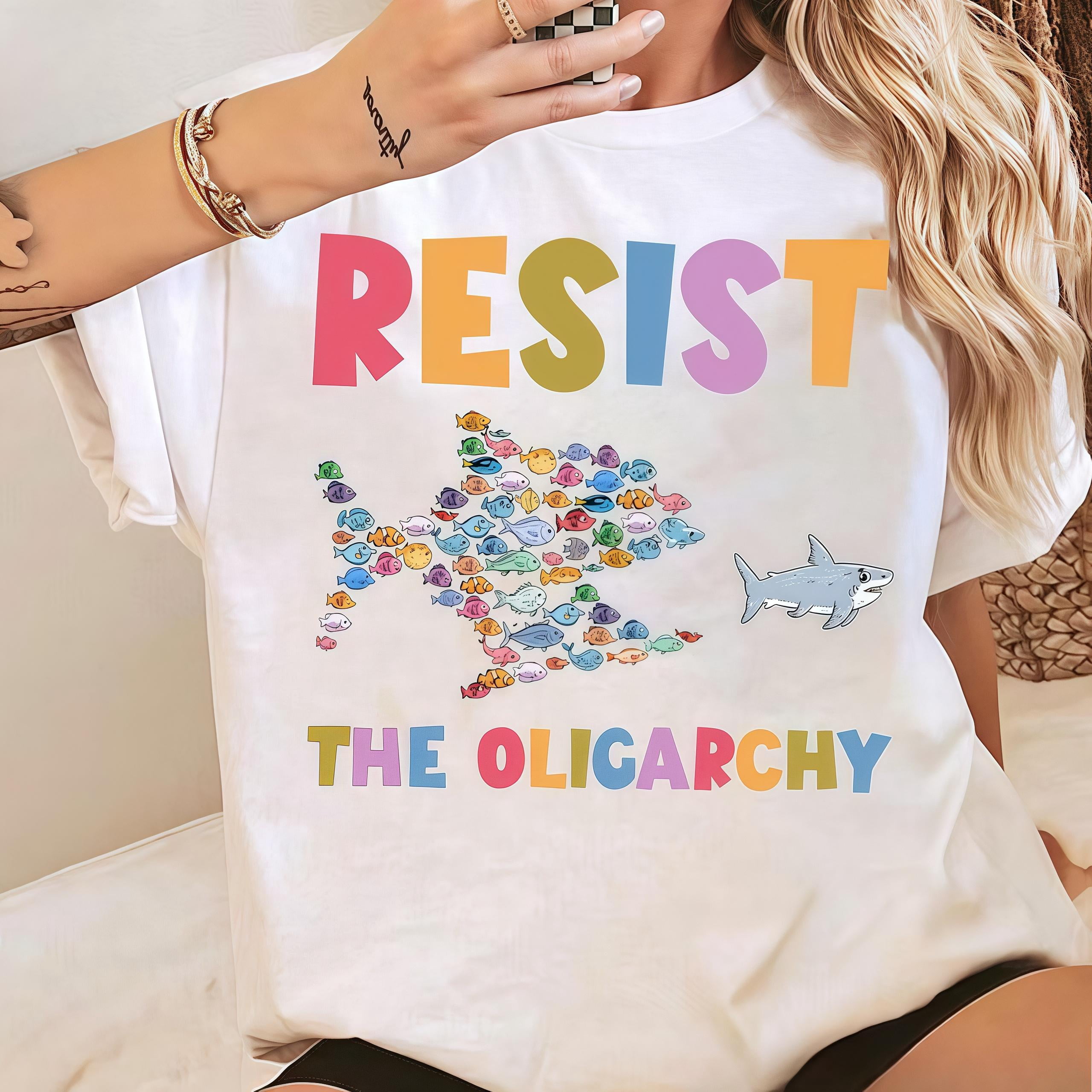 Social Justice Graphic Tees "Resist" with Fish & Shark Art Pattern Tops ...