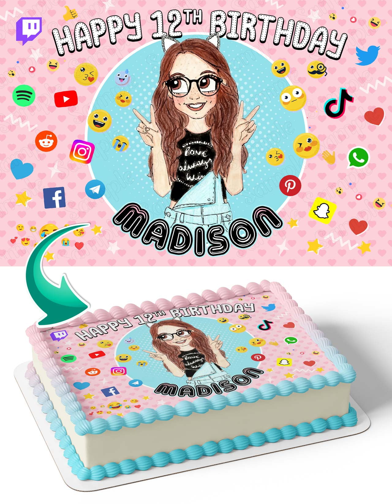 Social Media Girl Edible Image Cake Topper Birthday Sheet Banner 1/4 ...