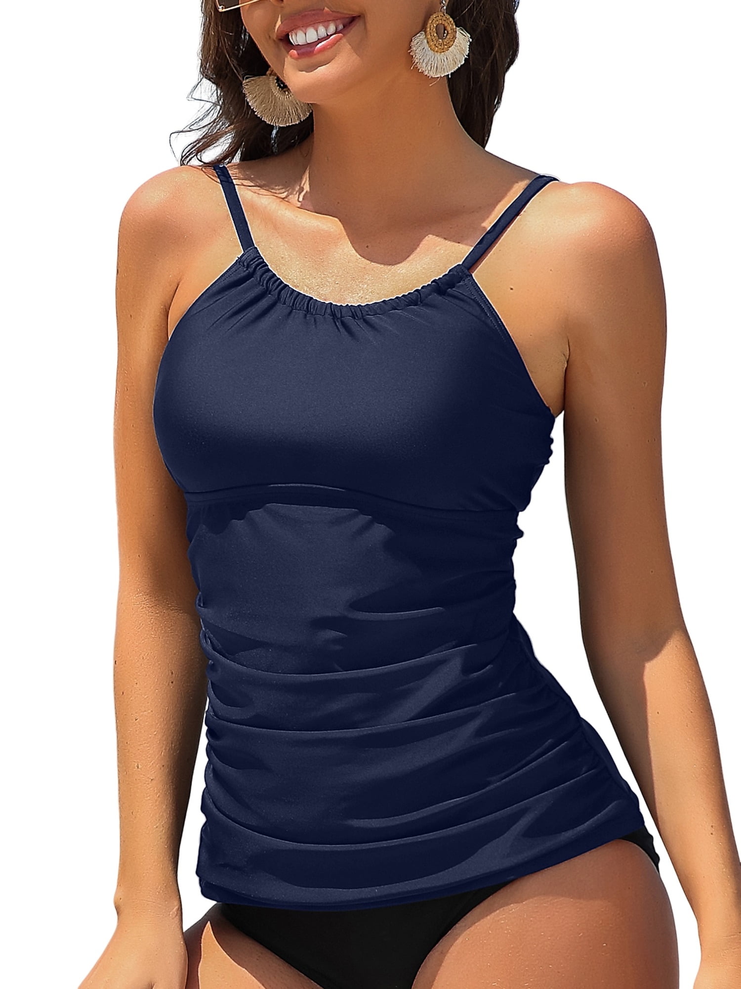 Sociala Halter Tankini Tops for Womens Ruched Swim Tops Built-in Bra ...