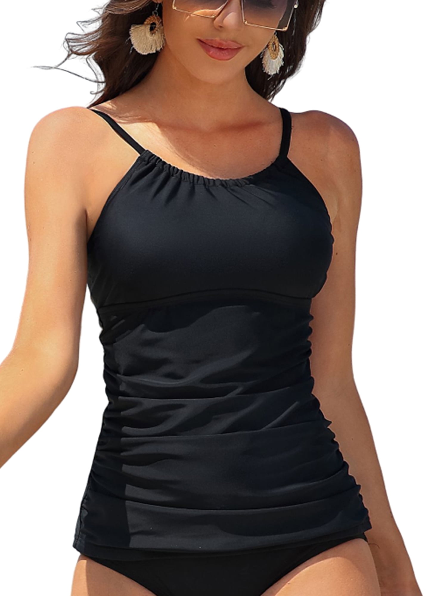 Sociala Halter Tankini Tops for Womens Ruched Swim Tops Built-in Bra ...