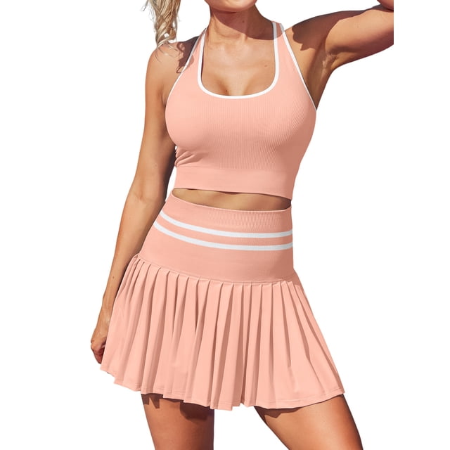 Sociala Ribbed Two Piece Tennis Sets Racerback Tops Pleated Skirts ...