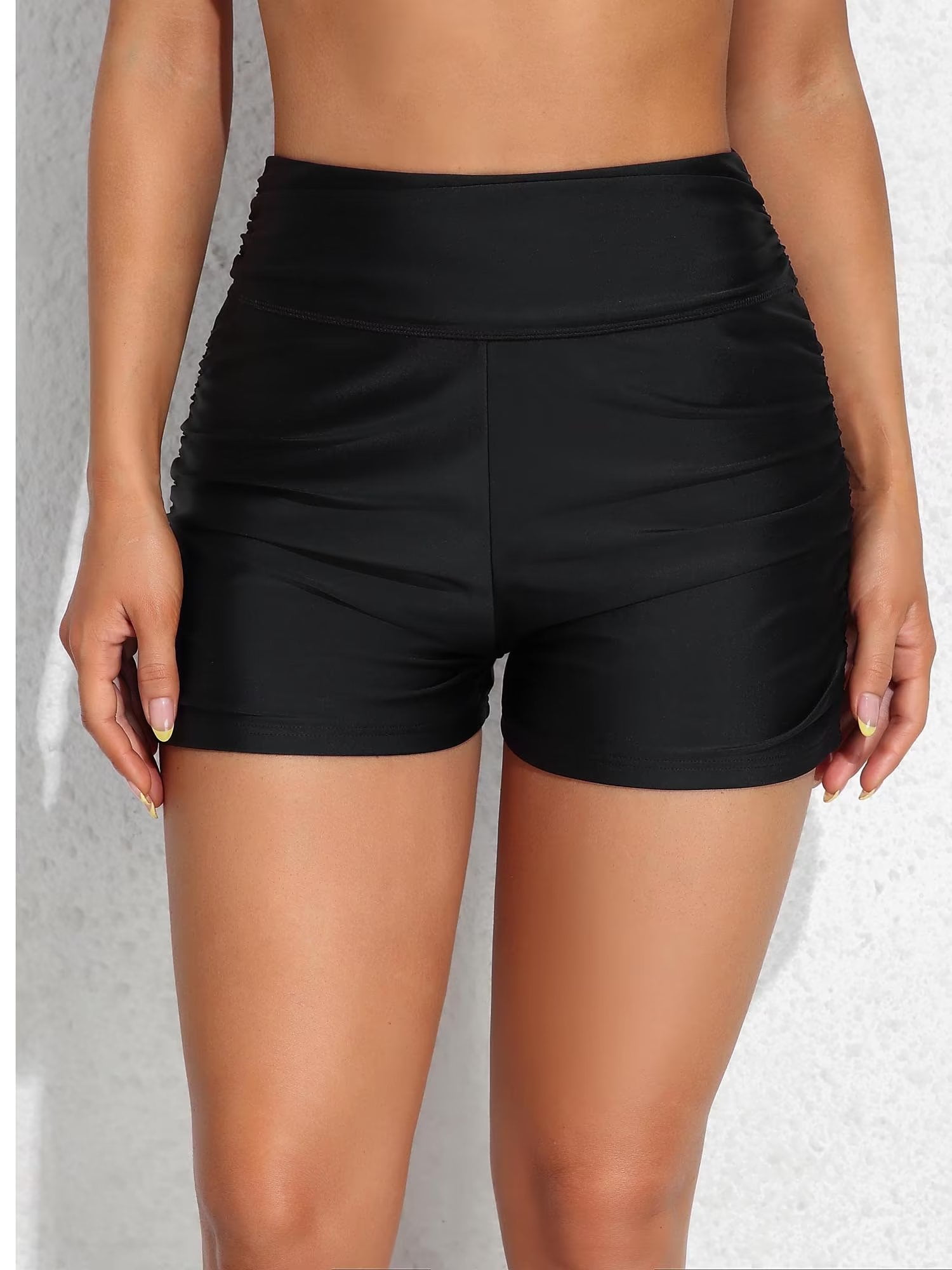 Sociala Women's Black High Rise Swim Shorts Ruched Board Shorts Bikini ...