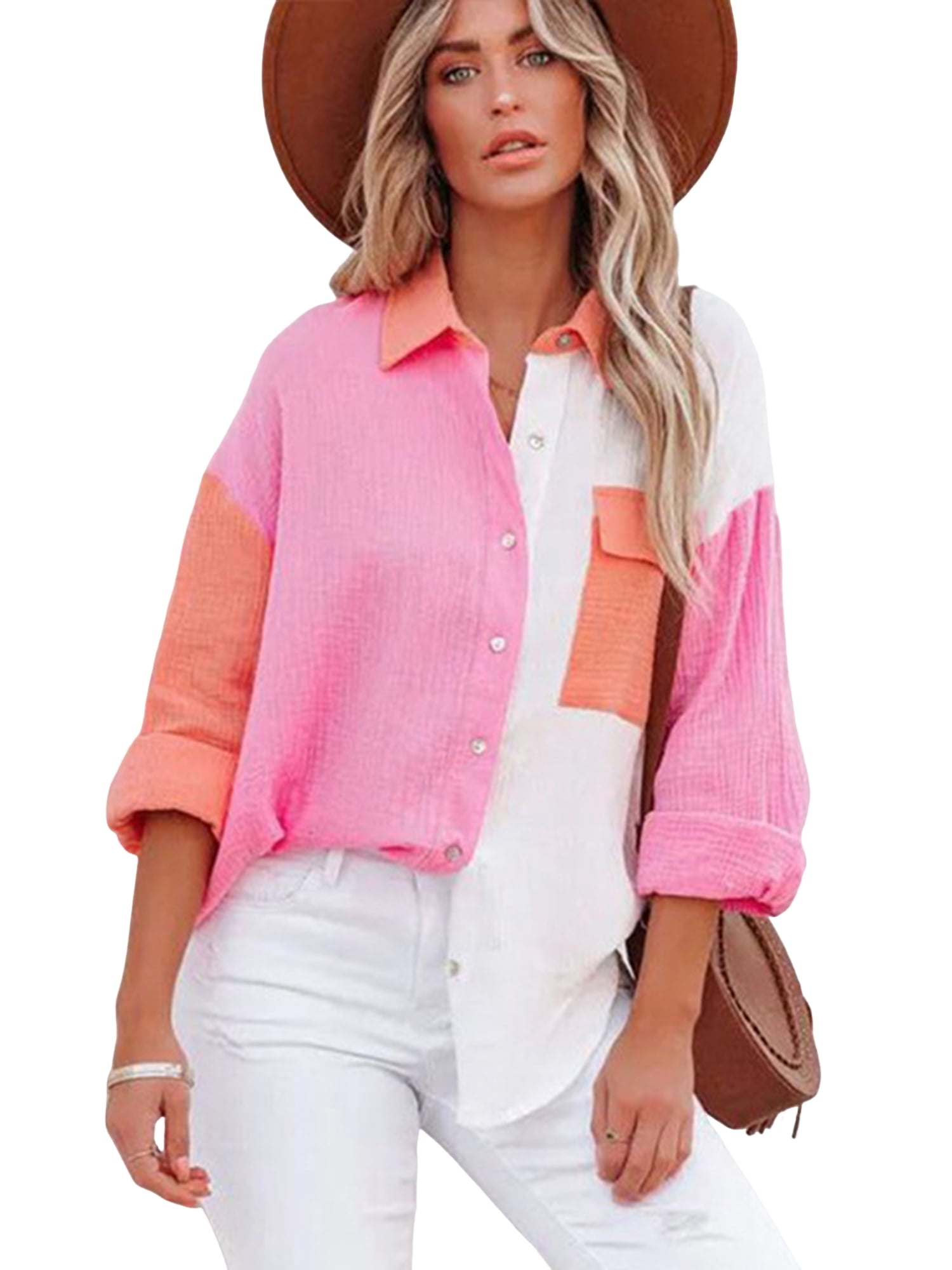 Sociala Women's Contrast Color Button Down Shirt Casual Blouses Loose ...