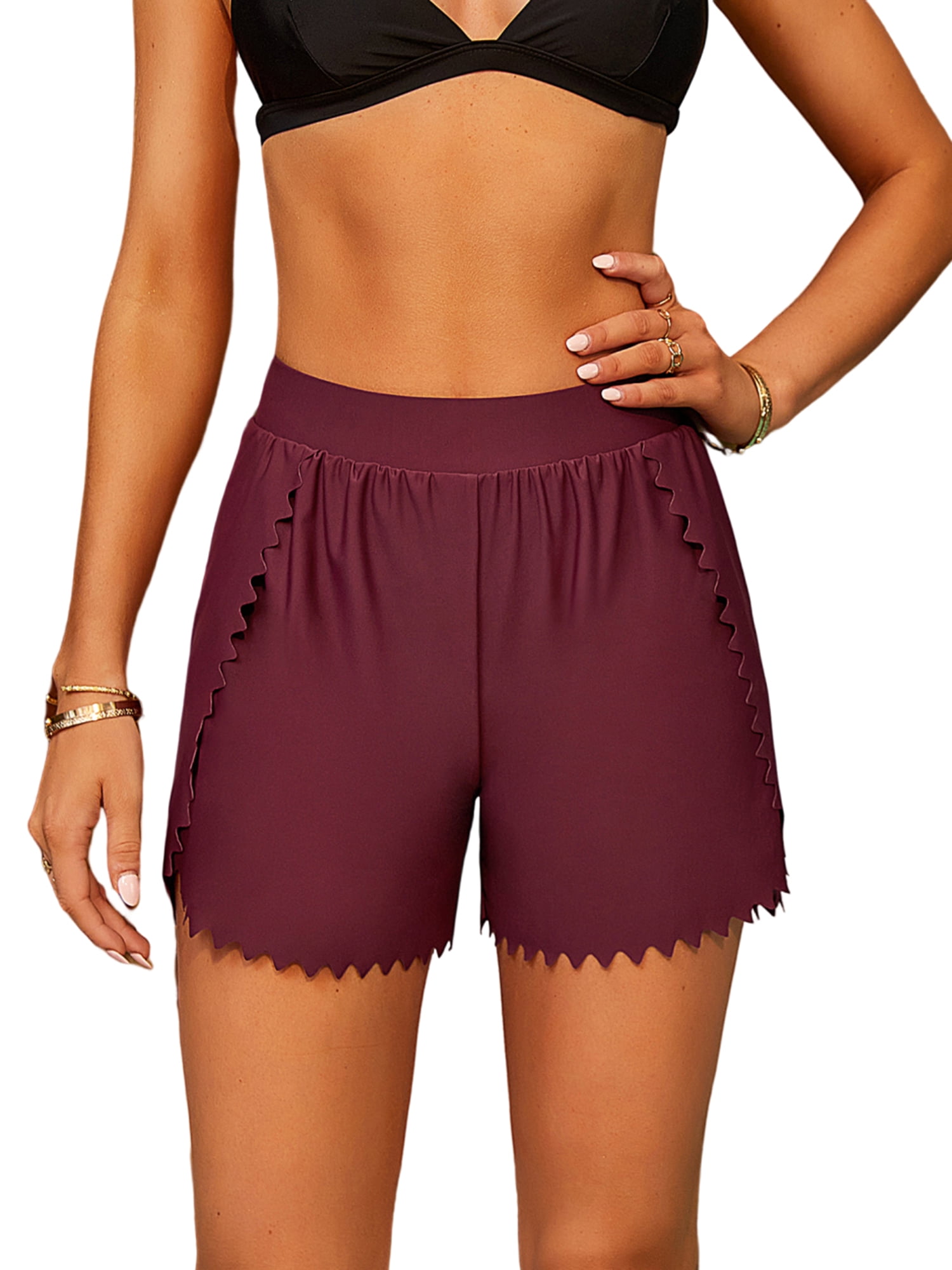 Sociala Womens Solid Split Swim Skirts Built In Shorts Tummy Control