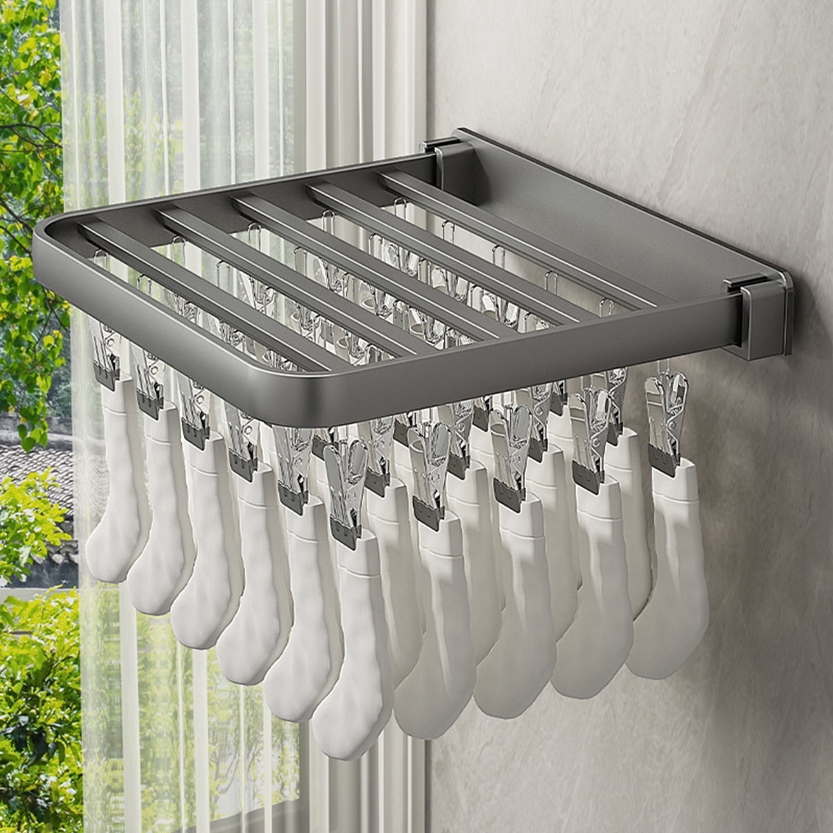 Sock Drying Rack Clothes Drying Rack with 24 Clips, Wall mounted ...