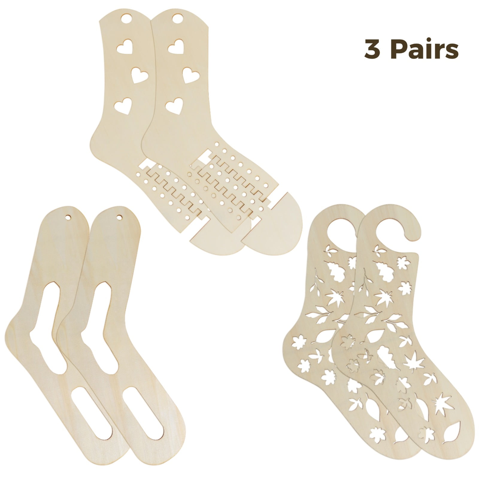 Wooden Sock Blocker Set: 3 Pairs of Heart and Leaf Patterned Sock Form ...