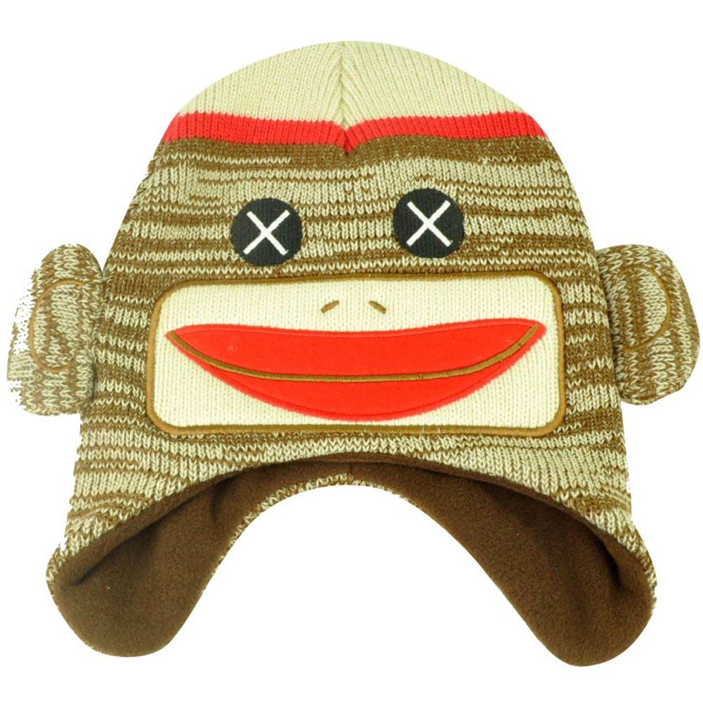 Sock Monkey Face 3D Beanie, Fleece-Lined Winter Hat with Ear Flaps for ...