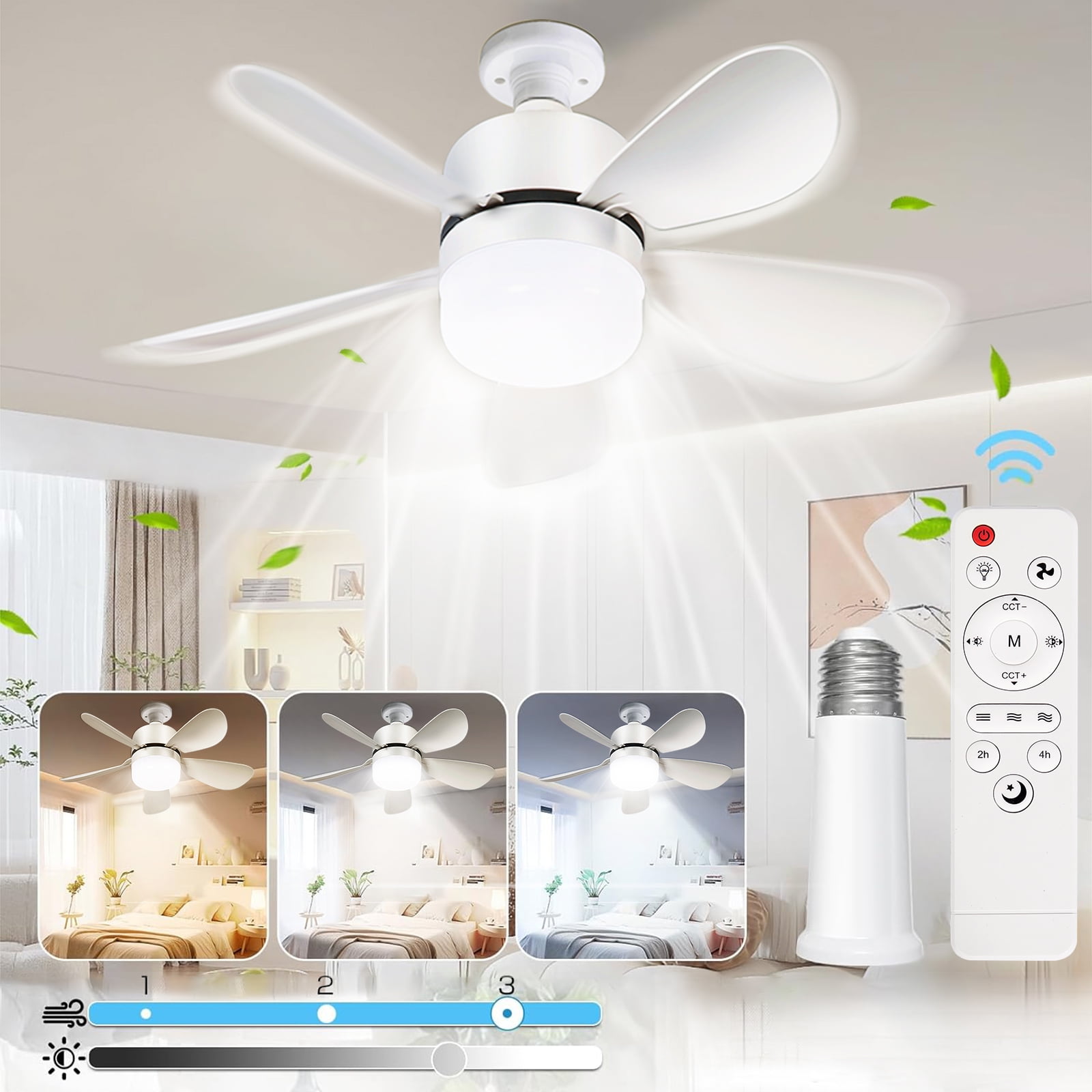 Socket Fan Light, 16" LED Ceiling Fans with Lights and Remote, 3000K ...