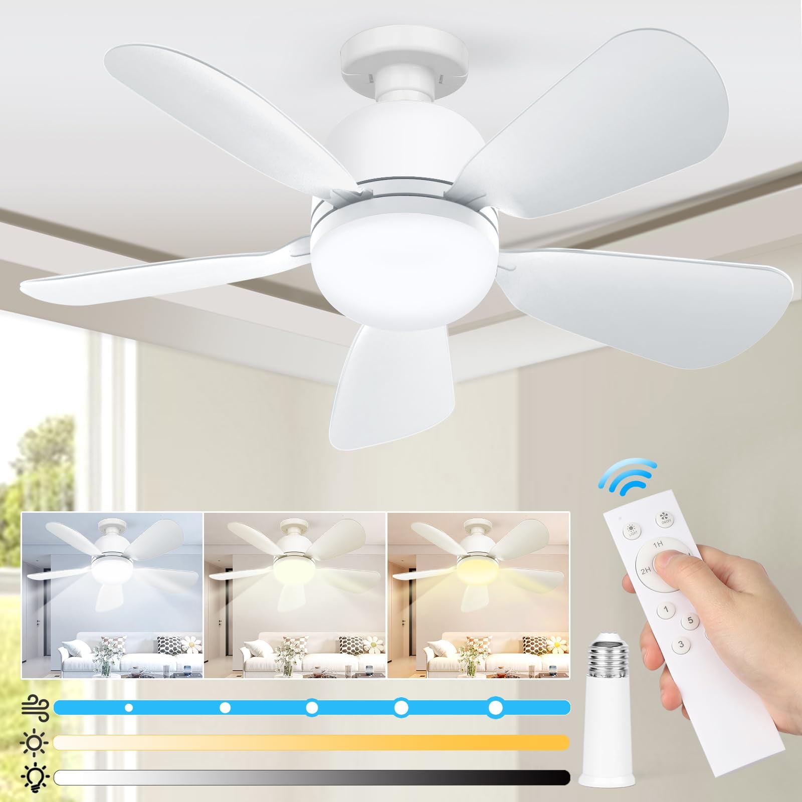 Socket Fan Light 19Inch, Dimmable Small Ceiling Fan with Light and ...