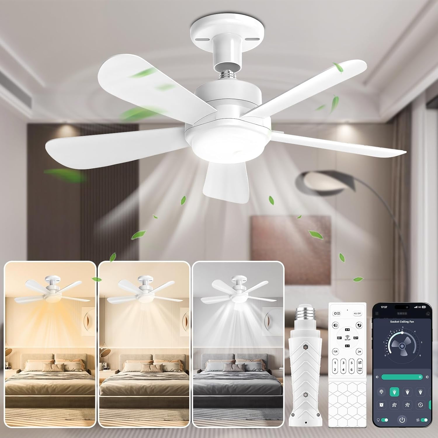 Socket Fan Light with APP & Remote, 22-in Screw-in Ceiling Fan for E26 ...