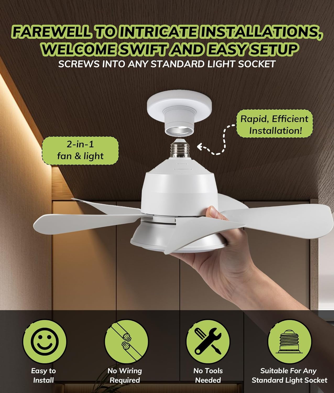 Socket Fan Light Ceiling Fans with Lights and Remote, Dimmable LED ...