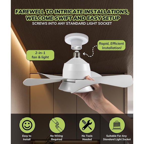 Socket Fan Light Ceiling Fans with Lights and Remote, Dimmable LED ...