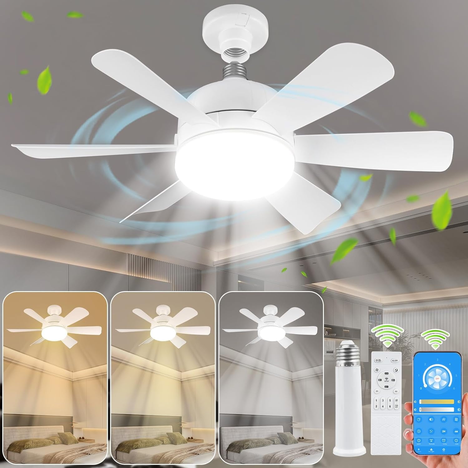 Socket Fan Light Ceiling Fans with Lights and Remote, Dimmable LED Fan ...