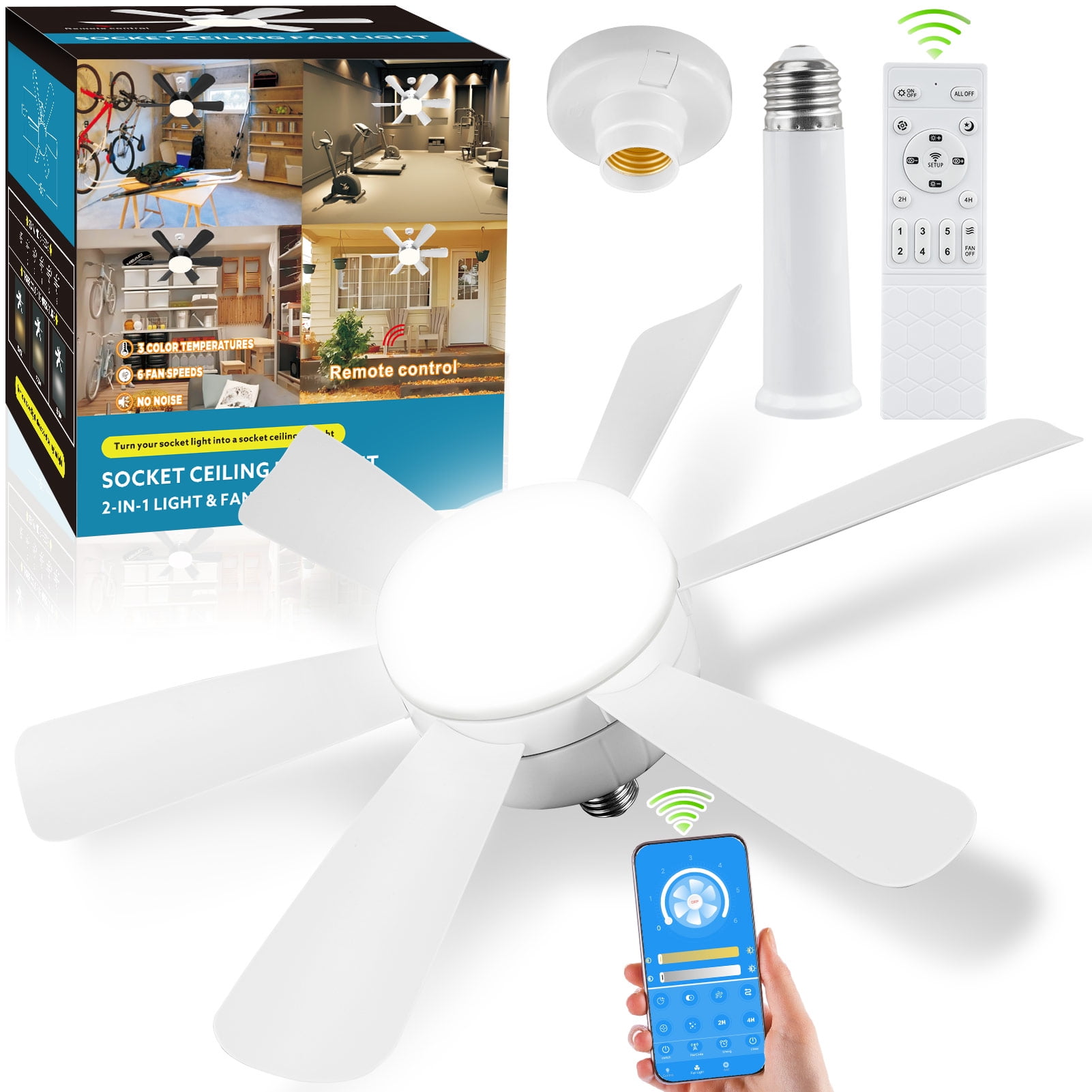 Socket Fan Light Ceiling Fans with Lights and Remote, Dimmable LED Fan ...