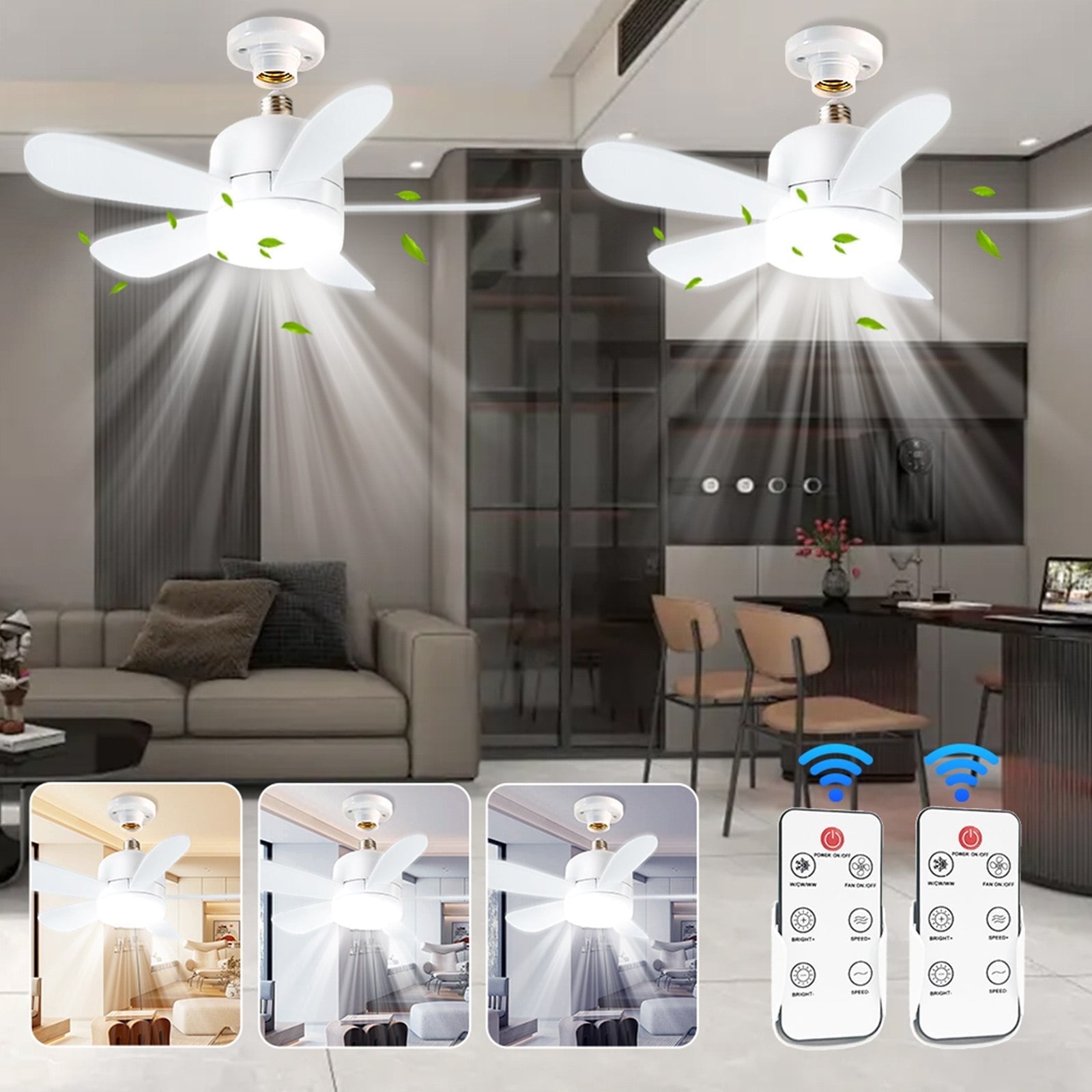 Socket Fan Light with Light and Remote Control Ceiling Fan, 3 Dimmable ...